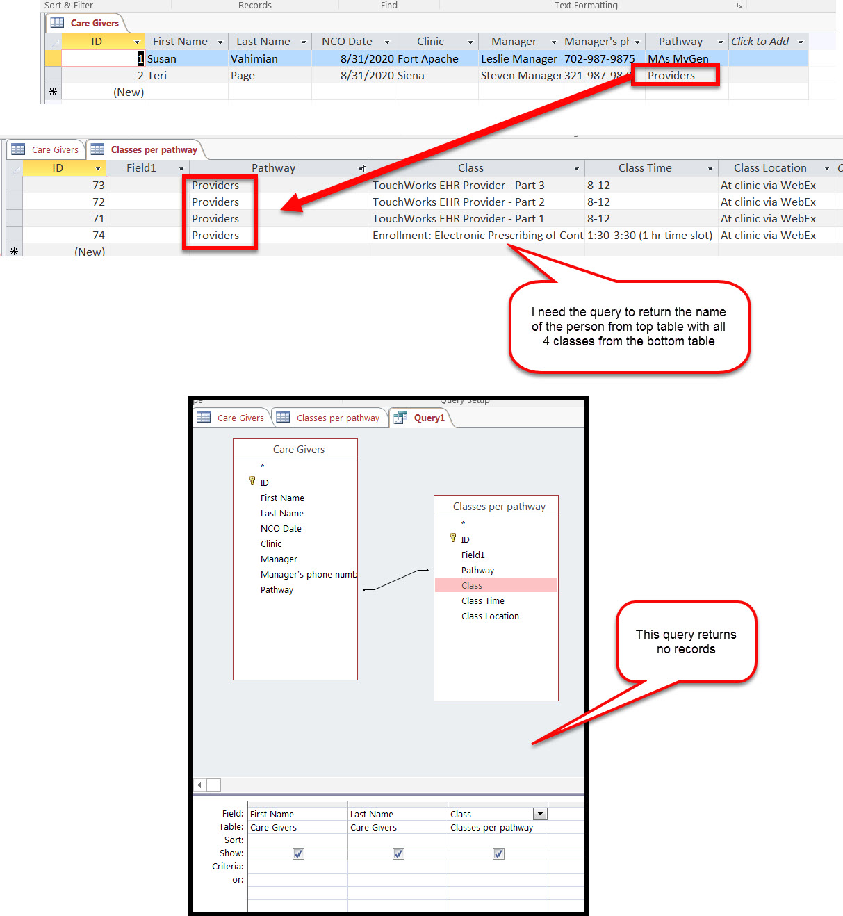 Basic query question - query not returning results from 2 tables ...