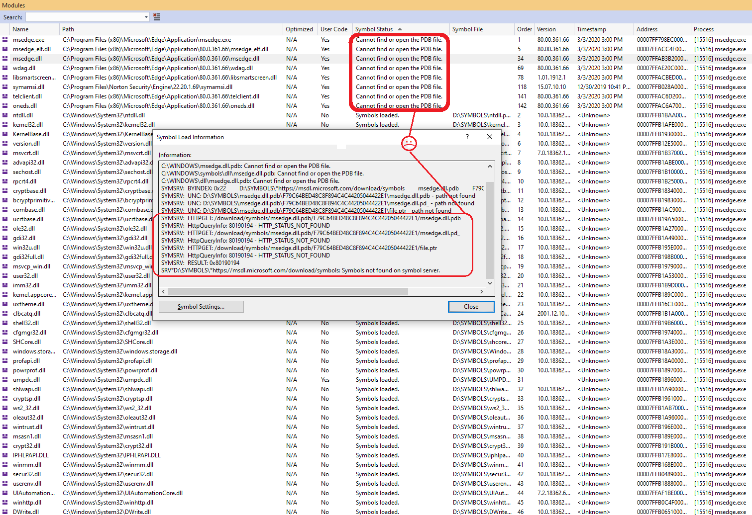 Still no msedge symbols on the Microsoft symbol server? | Microsoft Community Hub
