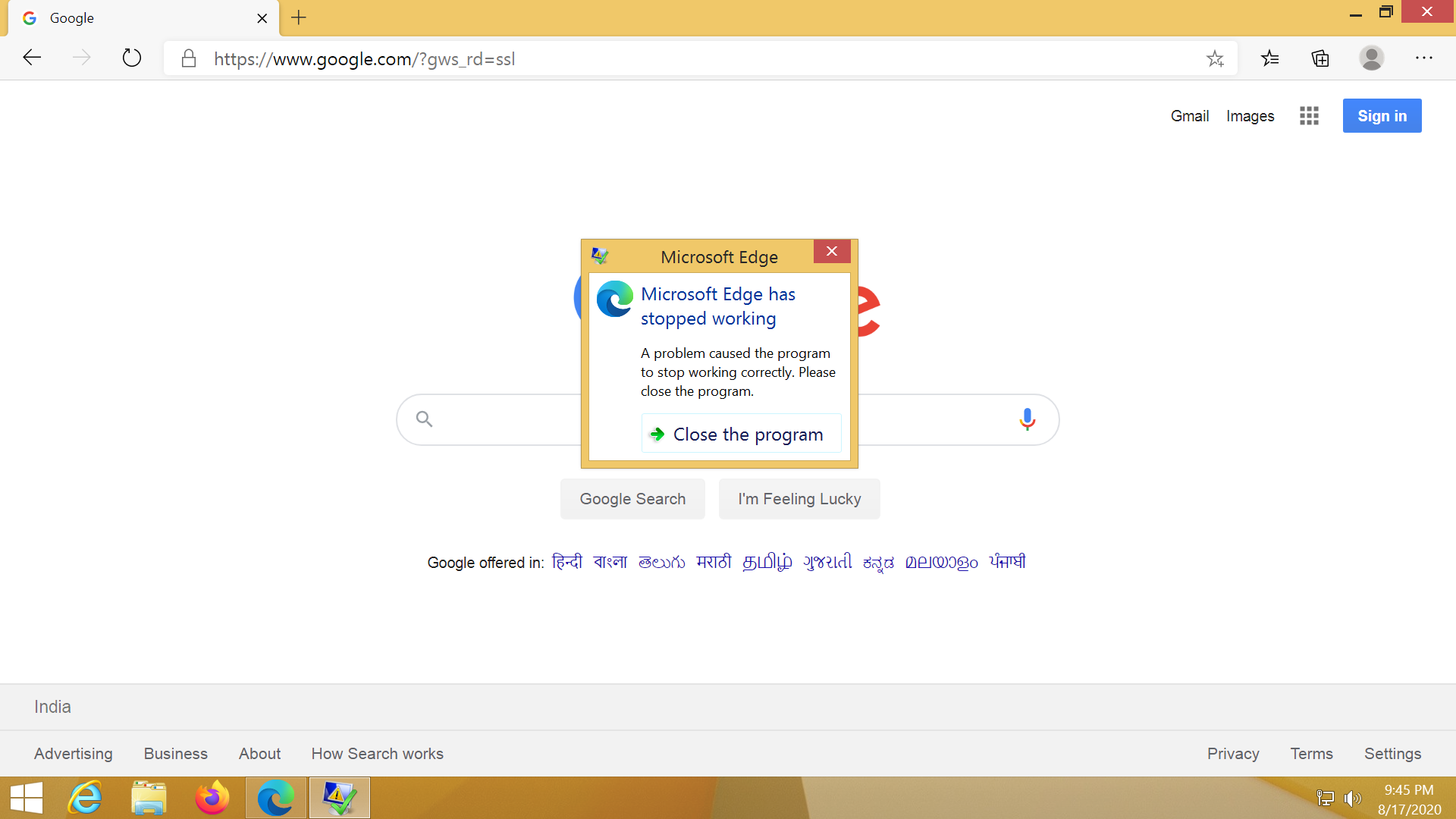 Microsoft Edge browser of version 84.0.522.59 is getting closed automatically in Windows 8.1 OS ...