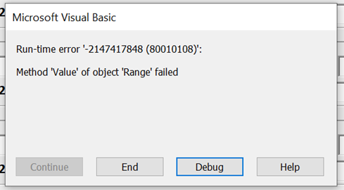 run-time error '-2147417848 (80010108)': method value of object 'range ...