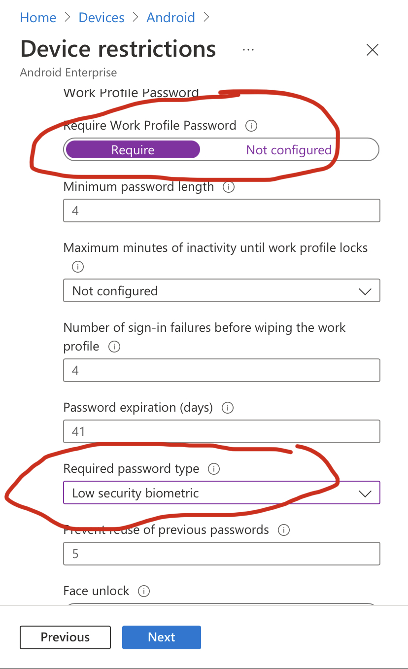 InTune password policy for personal disabling pattern and swipe options ...