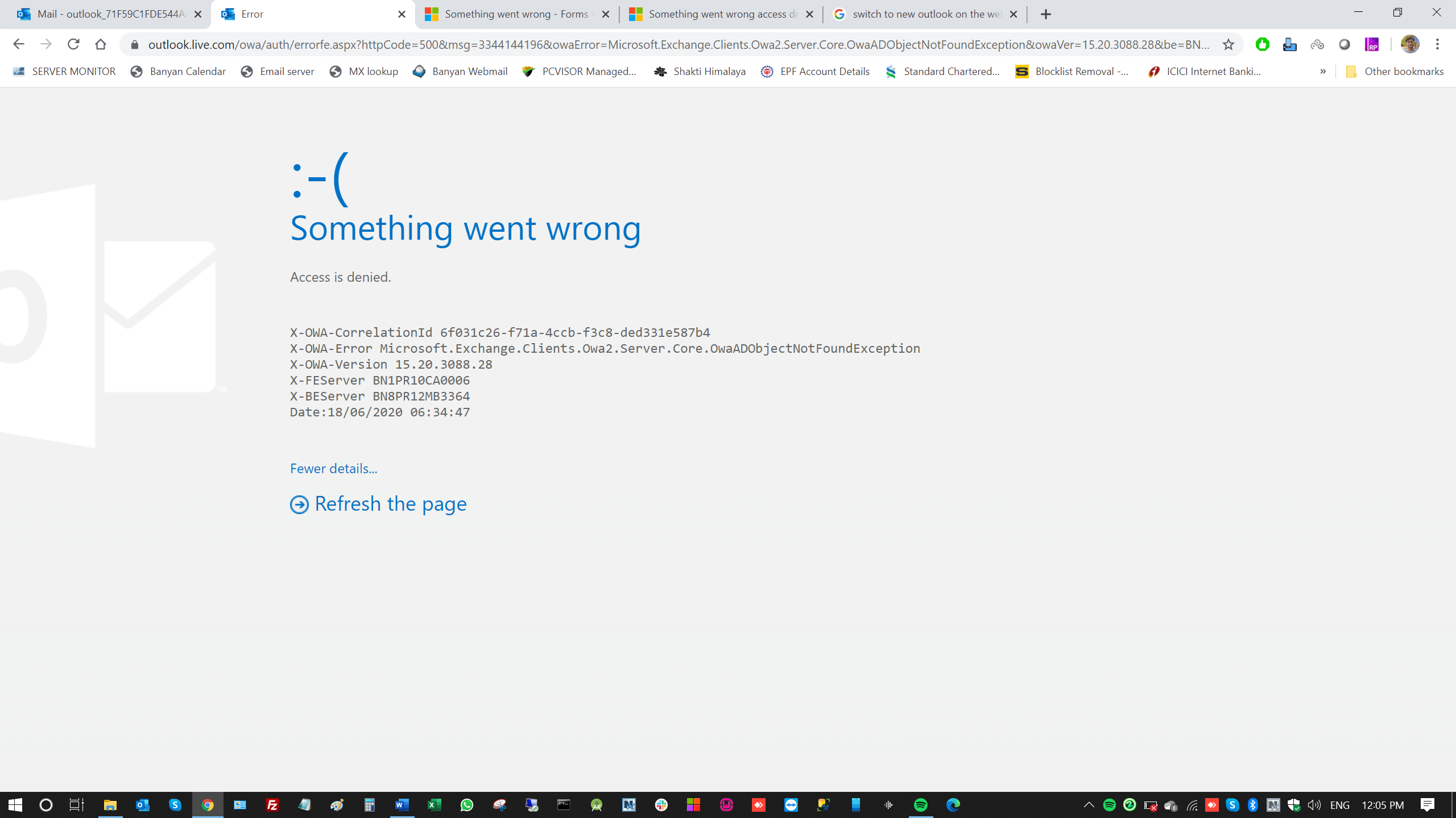 Cannot access email at outlook.com, Something went wrong Access is ...