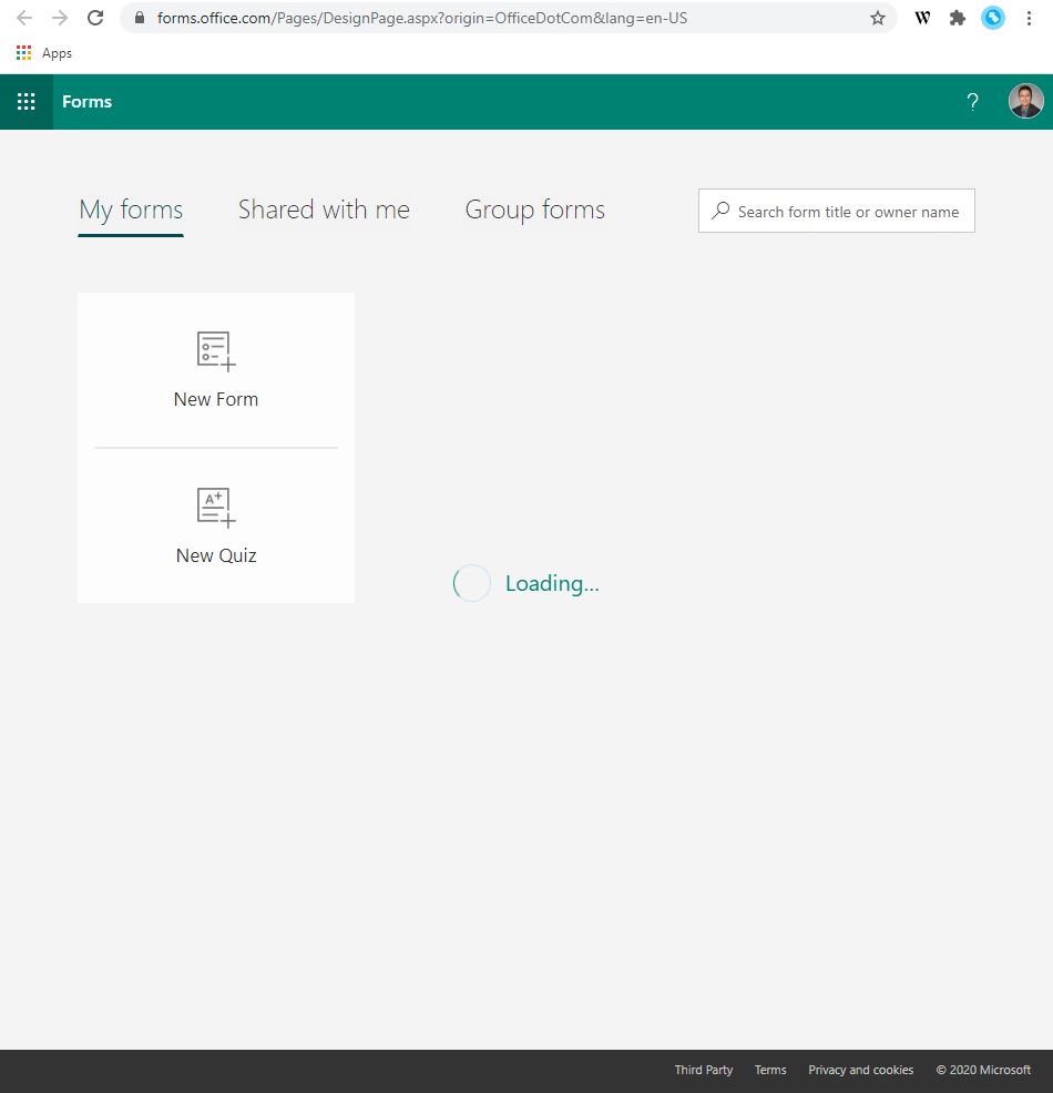 Microsoft Forms homepage keeps loading, error when trying to create new ...