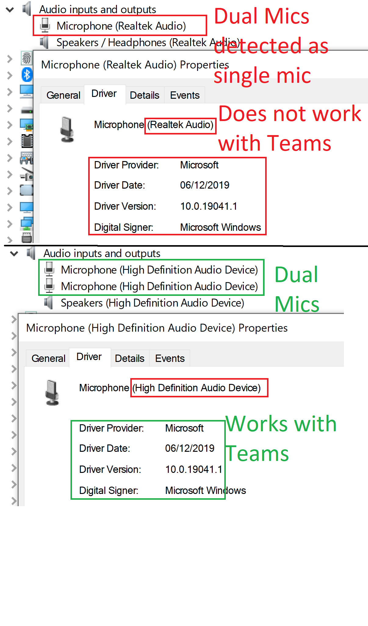 bug report for Teams (Mic not picking up sound in dual mic ...