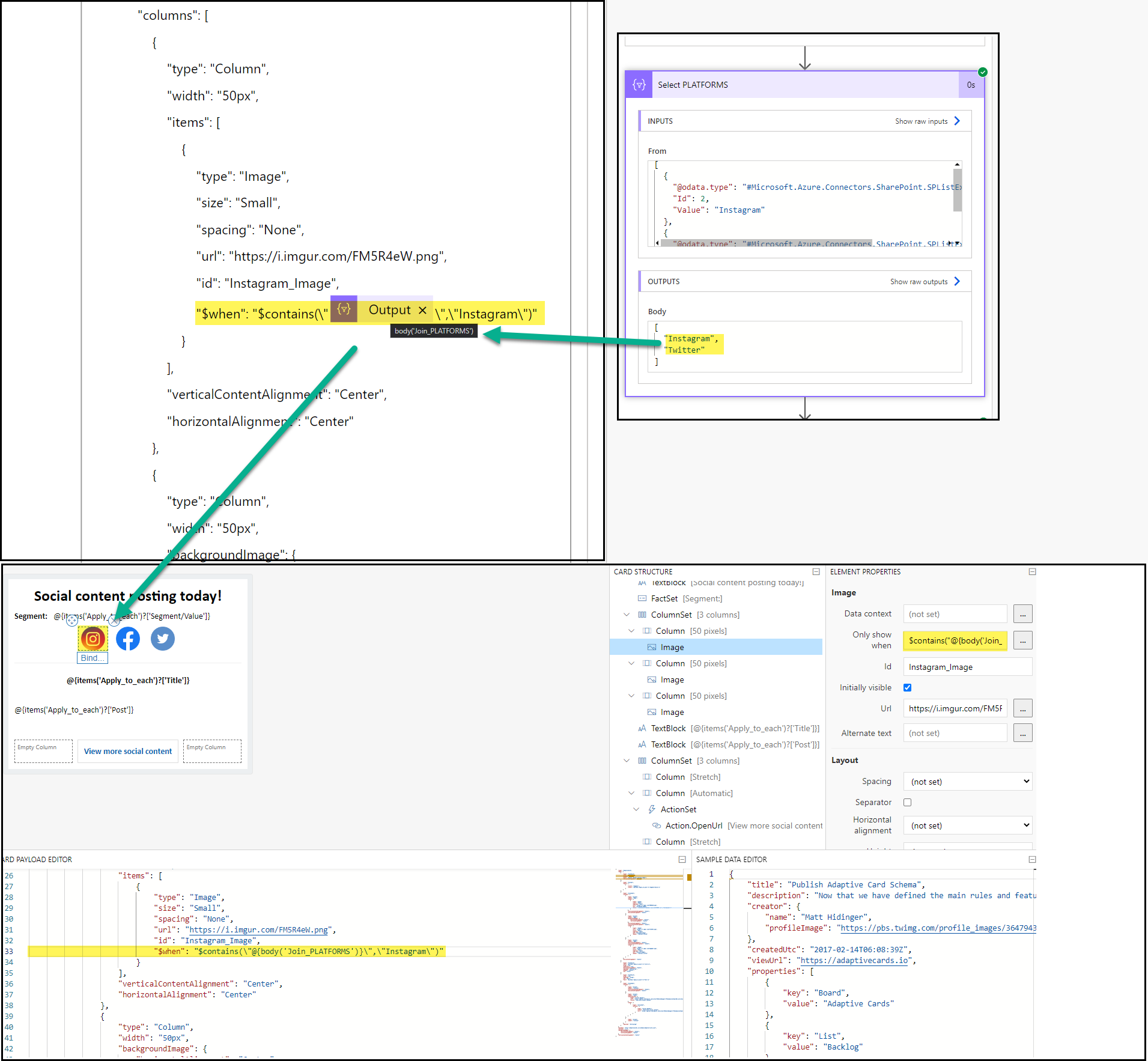 Adaptive Card "Only Show When" based on string value containing ...