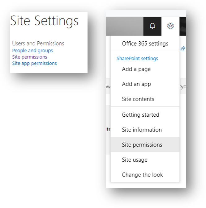SharePoint online Site Settings/Site Permissions vs. Site Contents/Site ...