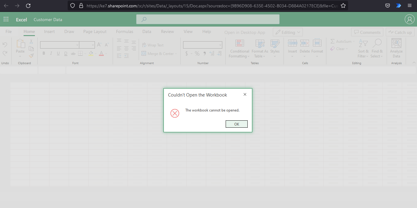 SharePoint Online "Couldn't Open the Workbook The workbo | Microsoft Community Hub