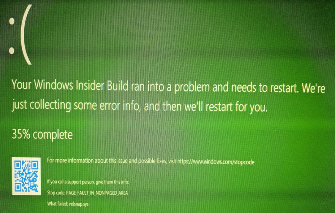 build 17025 wont install after downlaod, causing green screen of death ...