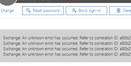 Error: Exchange: An unknown error has occurred. Refer to correlation ID ...