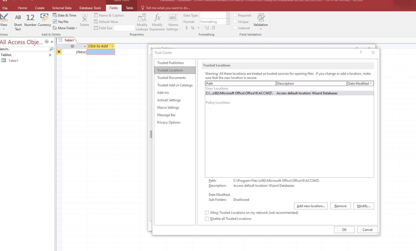MS Access 2016 Options - Trusted Locations are disabled | Microsoft ...