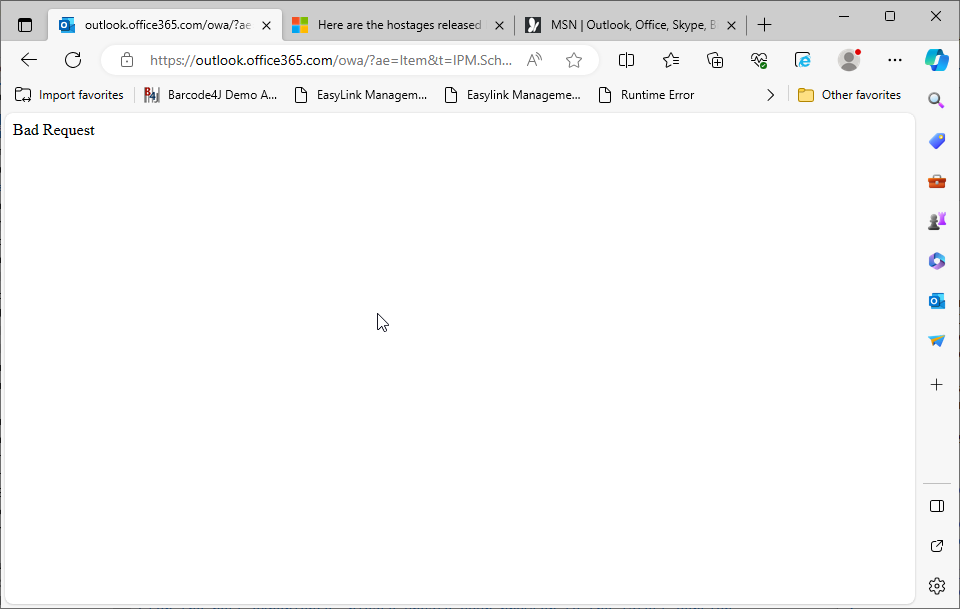 Outlook Web Access OWA Light Interface: "Bad Request" Error Message when clicking on Meeting ...
