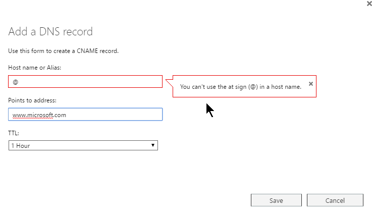 Unable to point domain to a subdomain (@ cname to www) | Microsoft Community Hub
