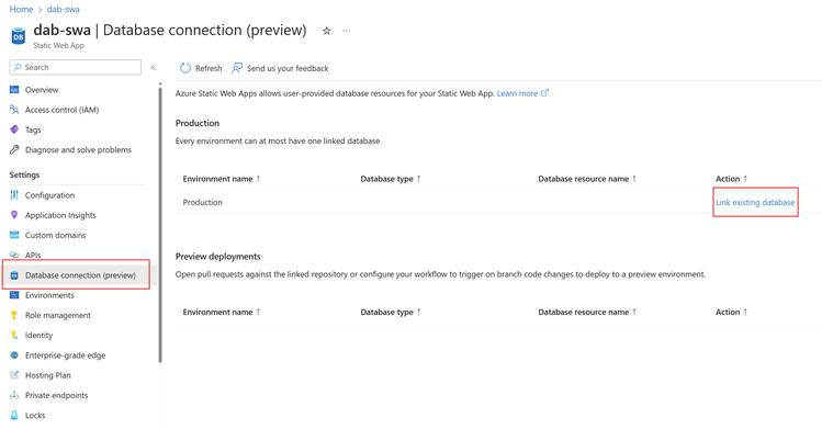 Azure Static Web Apps Database Connections feature