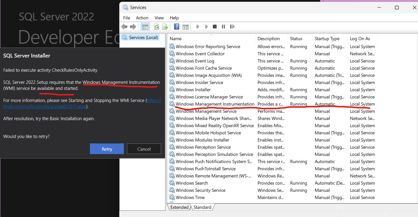 SQL server installer does not detect WMI even when it is running | Microsoft Community Hub