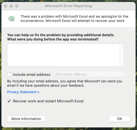 MS Excel 365 on Mac keeps crashing | Microsoft Community Hub
