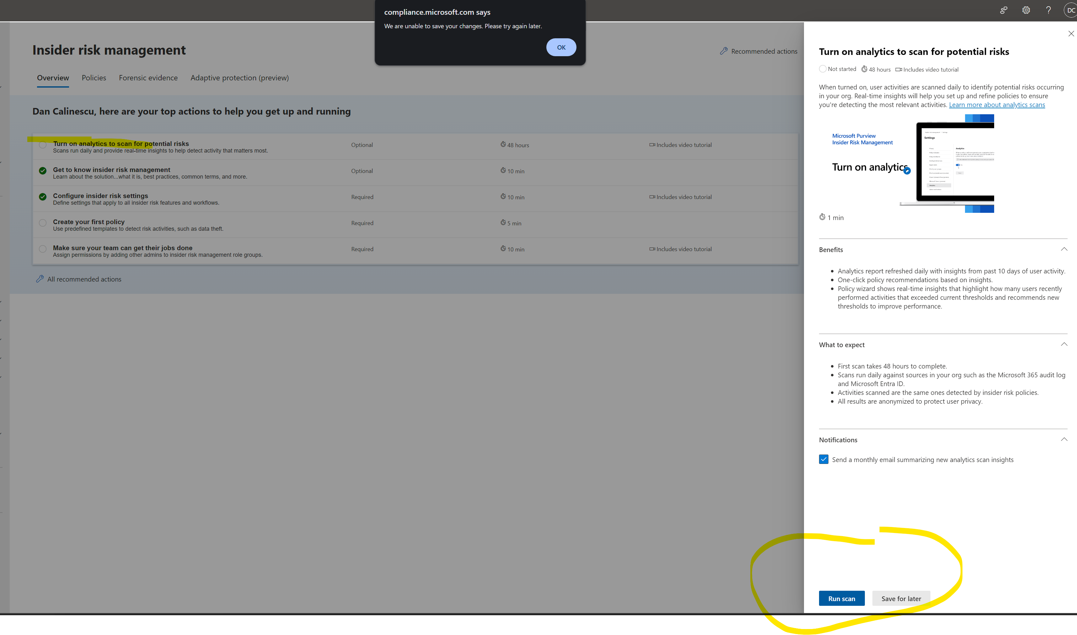 getting error when turning on insider risk management scan | Microsoft ...