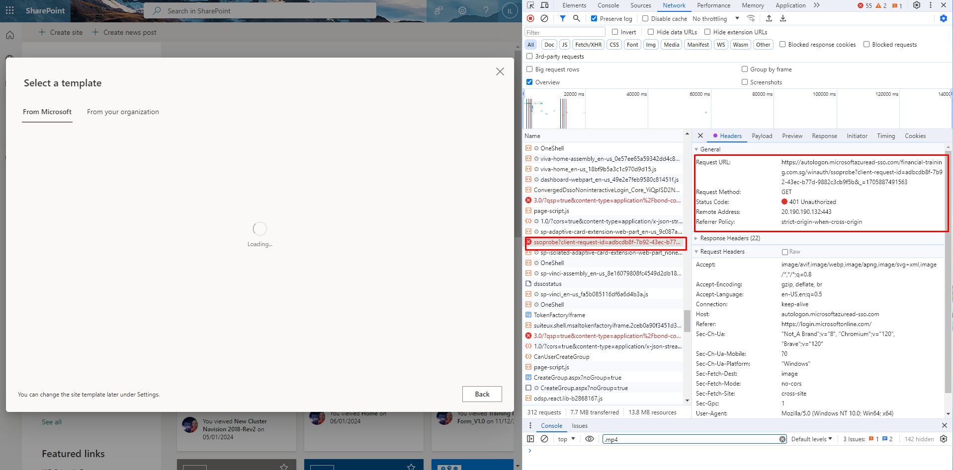 SharePoint Template loading endlessly after choosing Team or ...