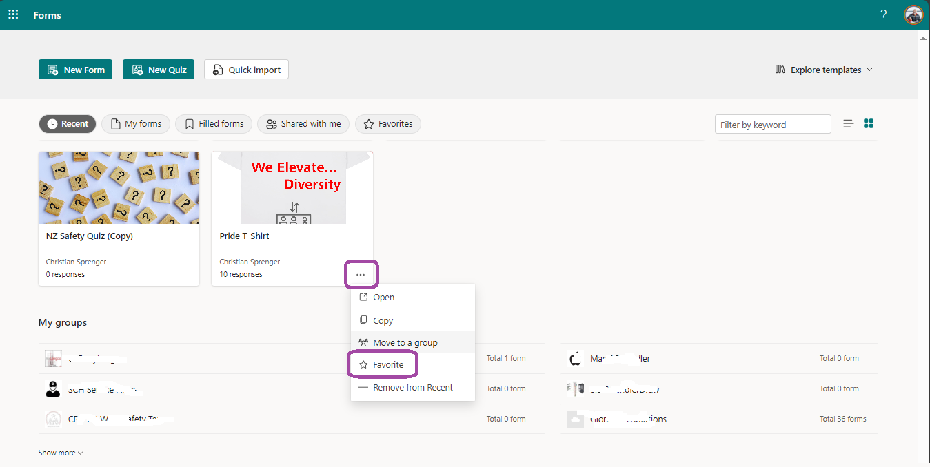 How do I add a (not mine) Forms to Favorite without having it Recent ...