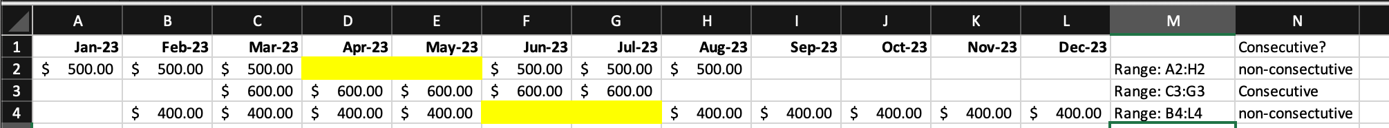 Determine if cells are consecutive/find blanks in a dynamic range | Microsoft Community Hub
