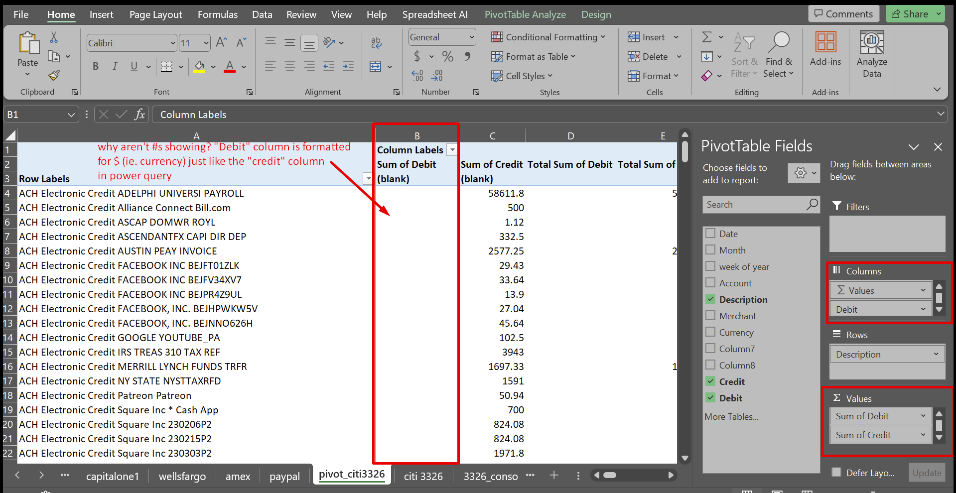 Debit column of #s from my power query table show as blank in pivot table | Microsoft Community Hub