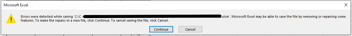 Excel 365 business - Impossible to save - "Errors were detected while ...