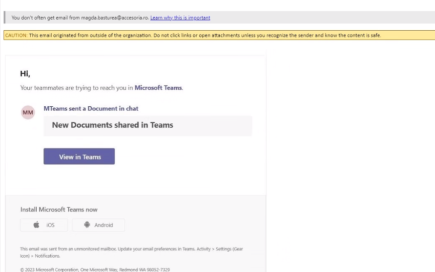 Phishing email with button that have link similar to Microsoft Teams ...