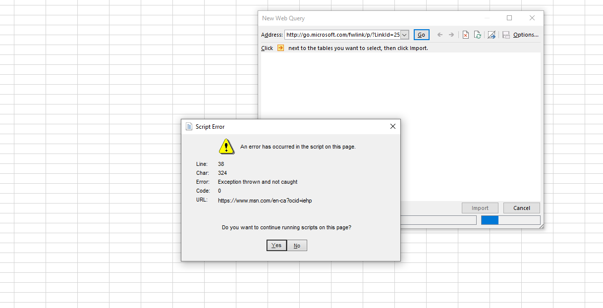 I am trying to get data from WEB in Excel but repetedly get an error | Microsoft Community Hub