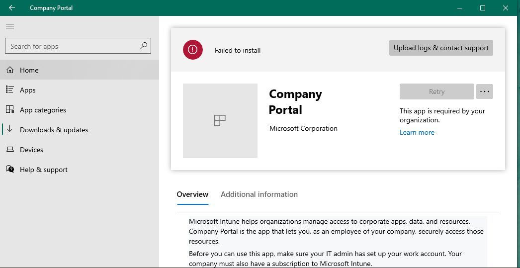 Company Portal on Windows 10 Installs OK but then reports Error ...