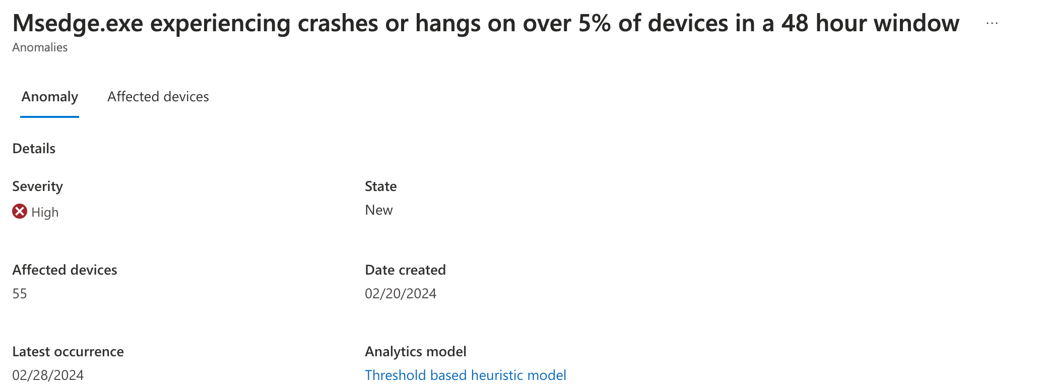 Msedge.exe experiencing crashes or hangs on over 5% of devices in a 48 hour window - anomaly ...