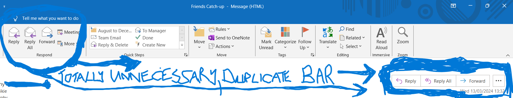 Outlook 2016 - New "REPLY, REPLY ALL, FORWARD" Bar: RIGHT HAND SIDE of ...