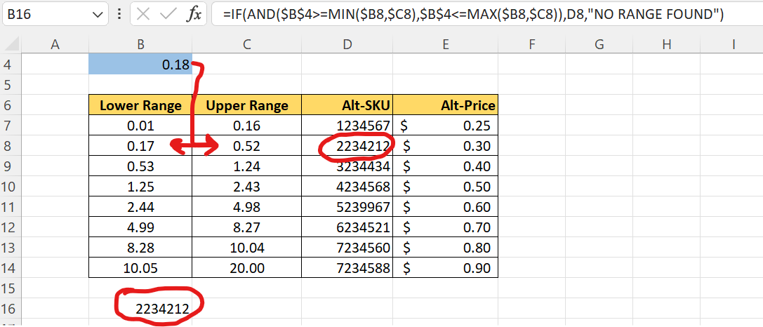 Within a table - Retrieve a value in a row when a provided number is ...