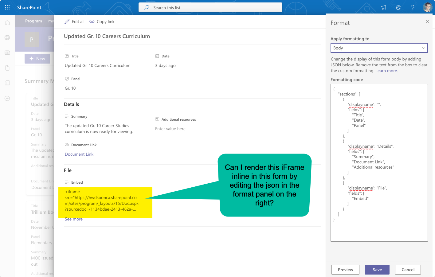 Display iFrame in Body of Sharepoint Form | Microsoft Community Hub