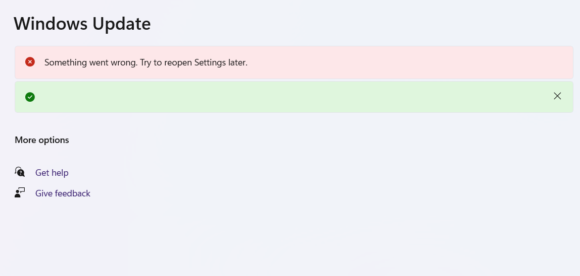 "Something went wrong. Try to reopen Settings later." The update page ...