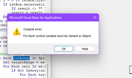 VBA Compile Error for each control variable must be variant or object ...