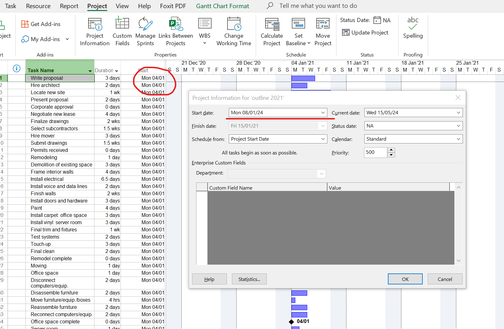 New to MS Project - Changing start dates not being picked up ...