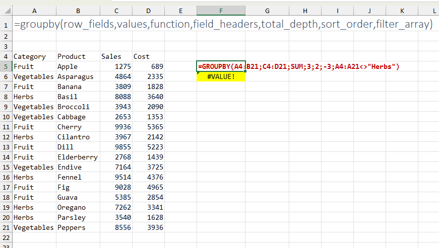 GROUPBY yields a #VALUE! error in the [filter_array] | Microsoft Community Hub