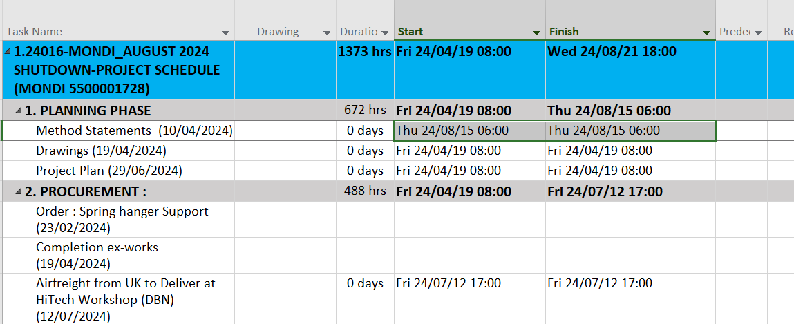 How do I delete the info in the duration, start and finish cells of ...