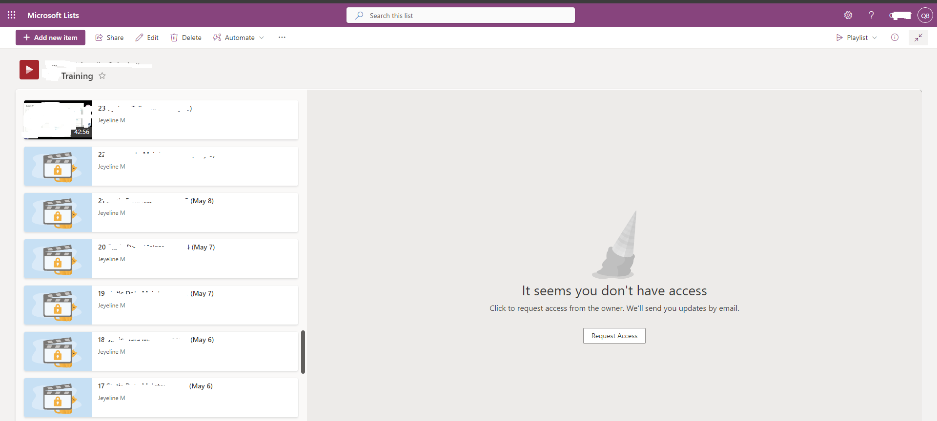 Playlist Videos in Sharepoint list shows "Request Access" but i can be ...
