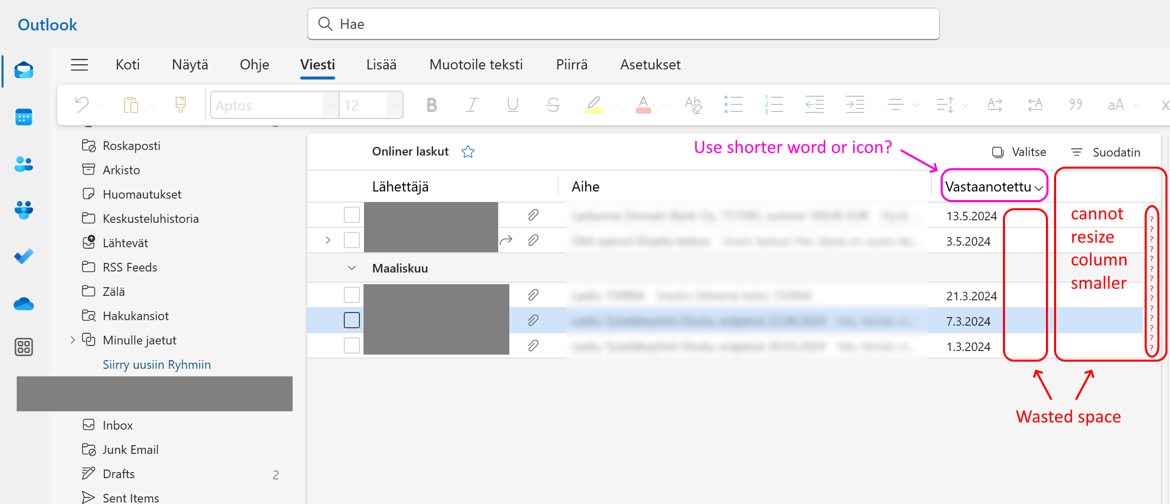 Wasted space in email list | Microsoft Community Hub