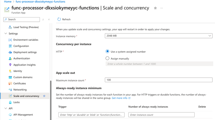 Azure Functions Flex Consumption http high throughput scale