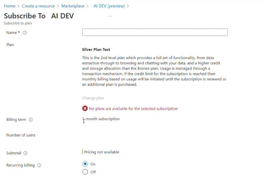 No plans are available for the selected subscription | Microsoft ...