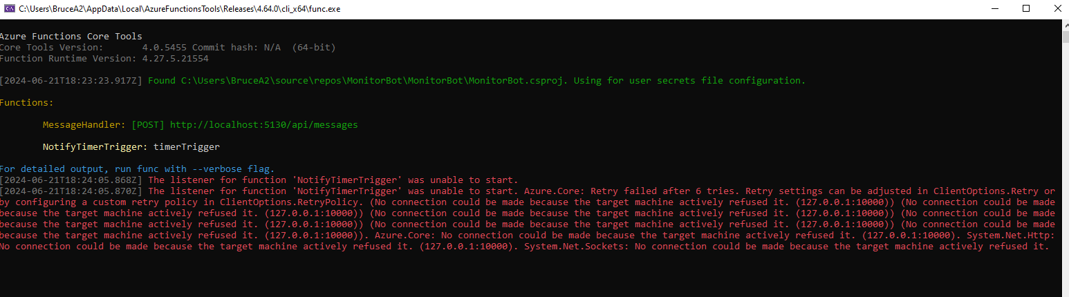 Teams Bot App Debugging Locally Listener Function Unable To Start Error