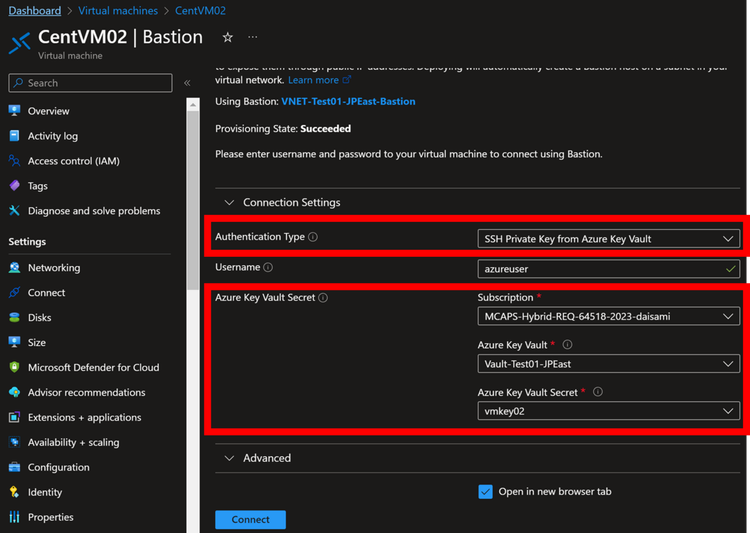 Connect to a Linux VM using Bastion and Key Vault without a private key file