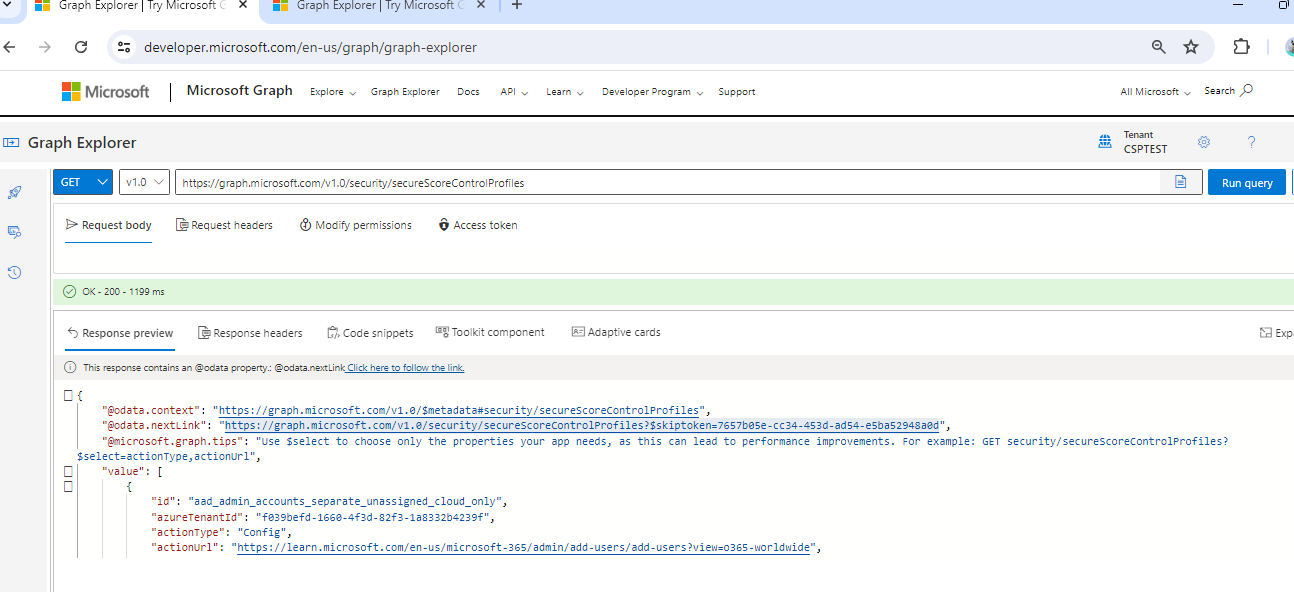 /security/secureScoreControlProfiles with skiptoken error: "Query ...