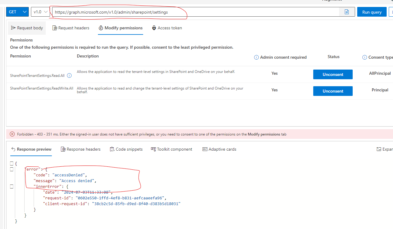 admin/sharepoint/settings API "accessDenied" -many tenants facing the same issue | Microsoft ...