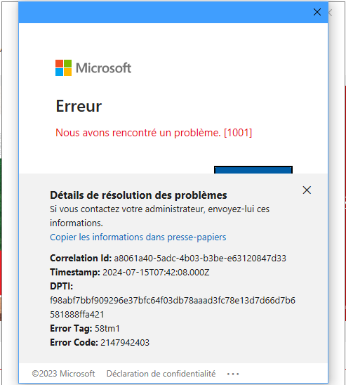 Erreur 1001 | Microsoft Community Hub
