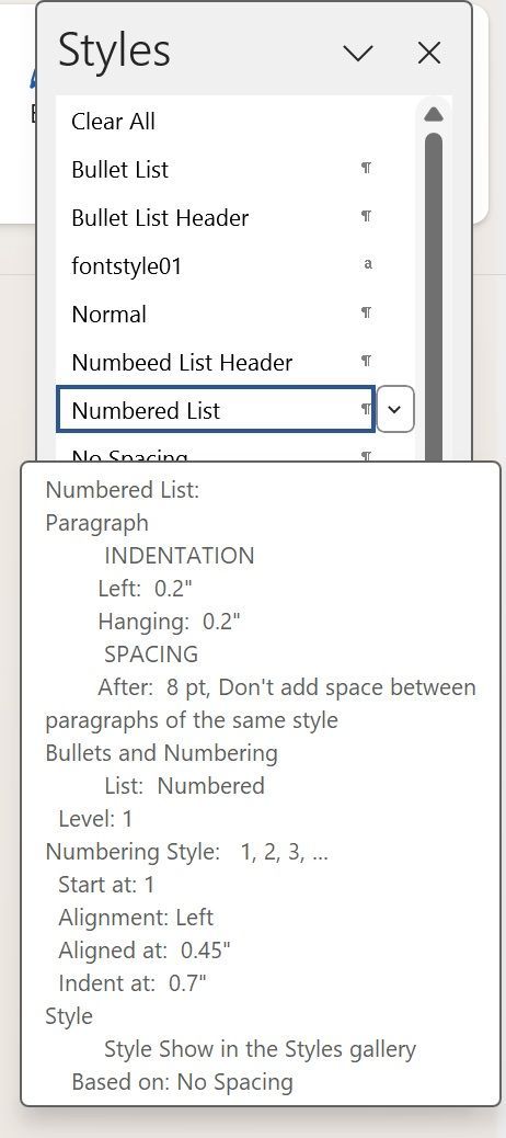Numbered List Style does not start at 1, is corrupted if changed to 1, and doesn't Square wrap ...