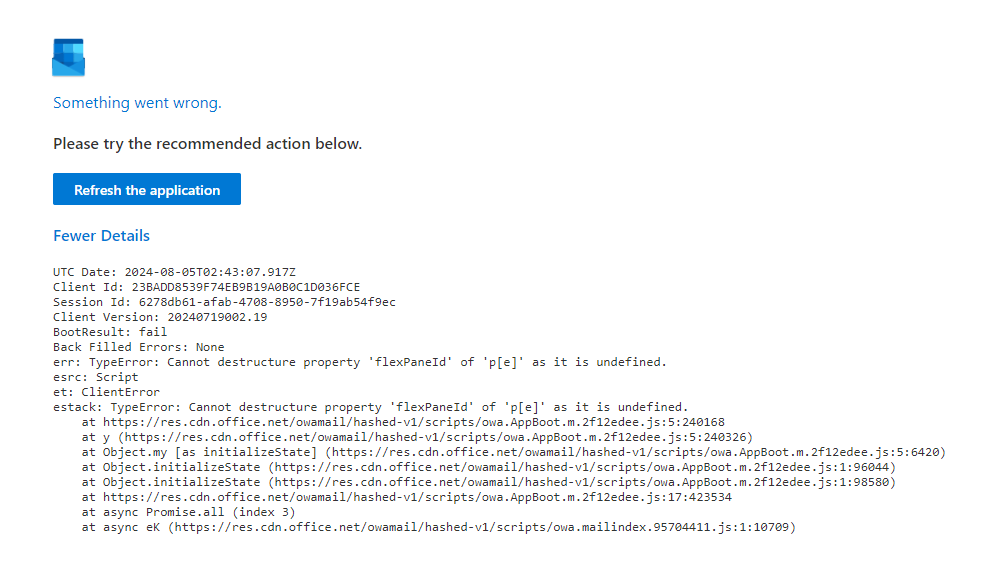 New Outlook error: Cannot destructure property 'flexPaneID' of 'p[e]' as it is undefined ...