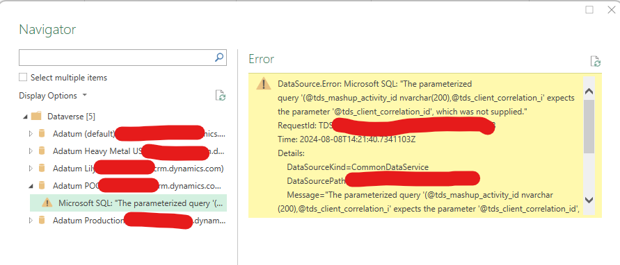 DataSource Error when connecting to Dataverse from Excel | Microsoft Community Hub
