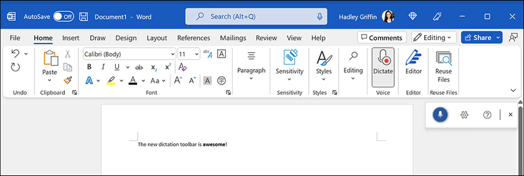 redesigned Dictation toolbar